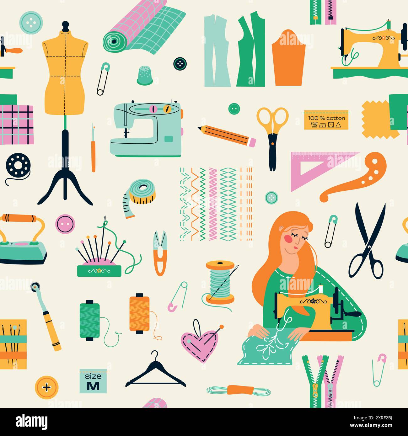 Seamless pattern of sewing tools icons tailor girl hand made workshop ...