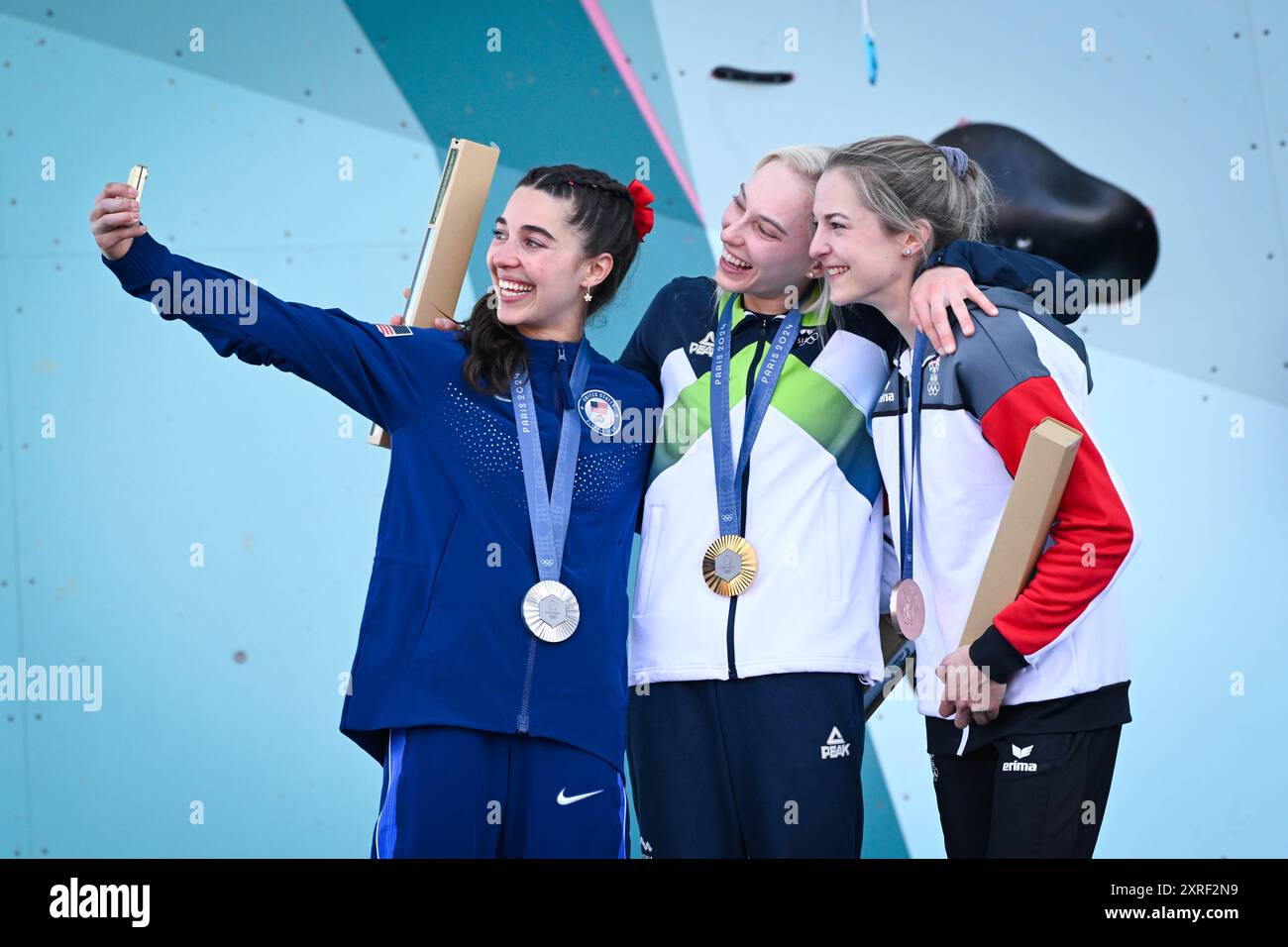 Brooke Raboutou ( USA ) Silver medal, Janja Garnbret ( SLO ) Gold medal ...