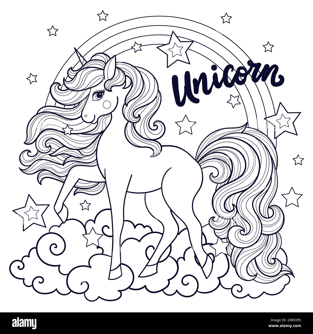 Beautiful unicorn with rainbow. Black and white line drawing. Cute ...