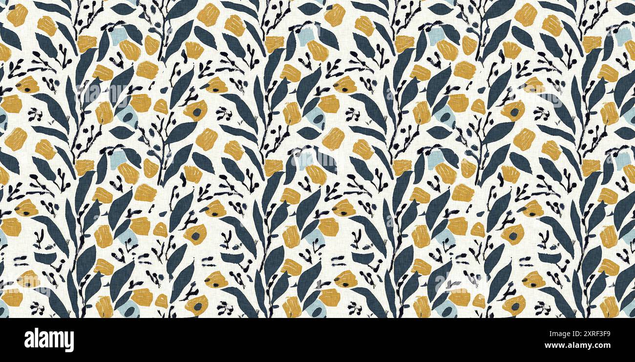 Modern printed fabric flower block print pattern with linen texture ...