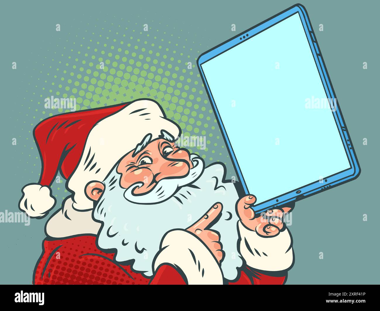 Santa Claus points to a blank electronic tablet. The upcoming New Year ...