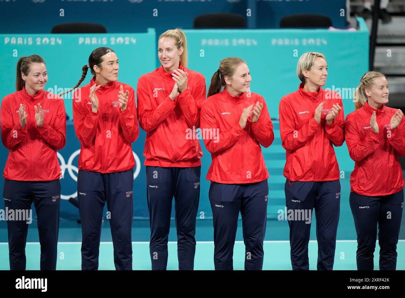 Norway players attend the medal ceremony after the gold medal handball ...