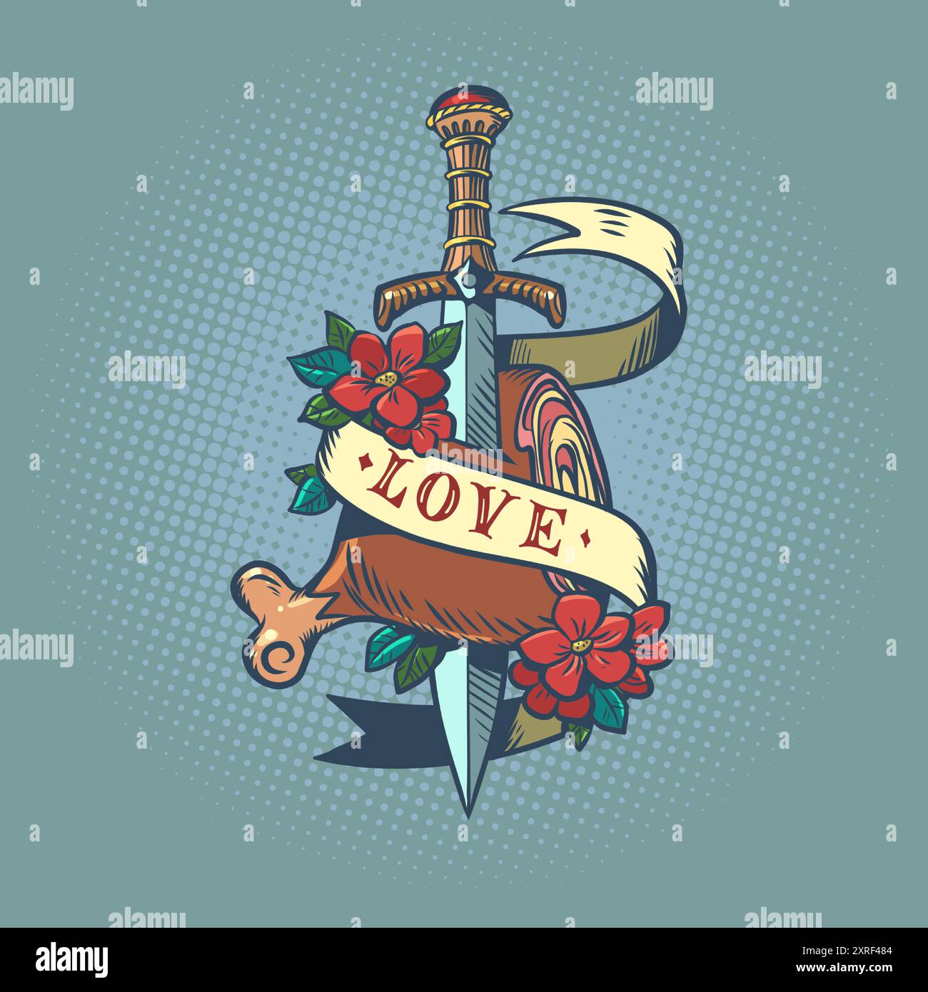 The sword pierces a piece of meat with the inscription love ...