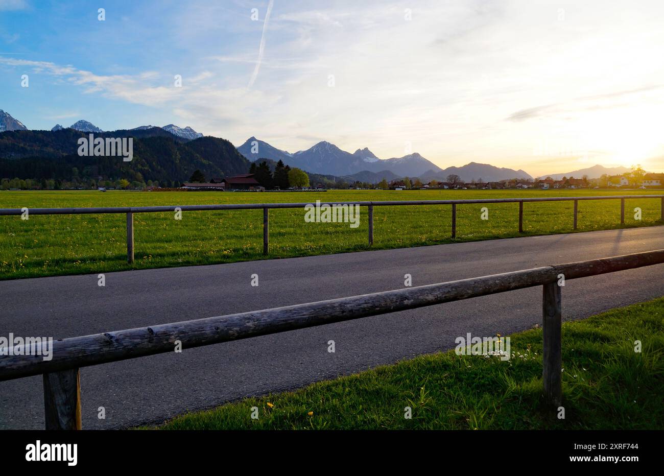 romantic road leading through the scenic, lush green alpine meadows in ...