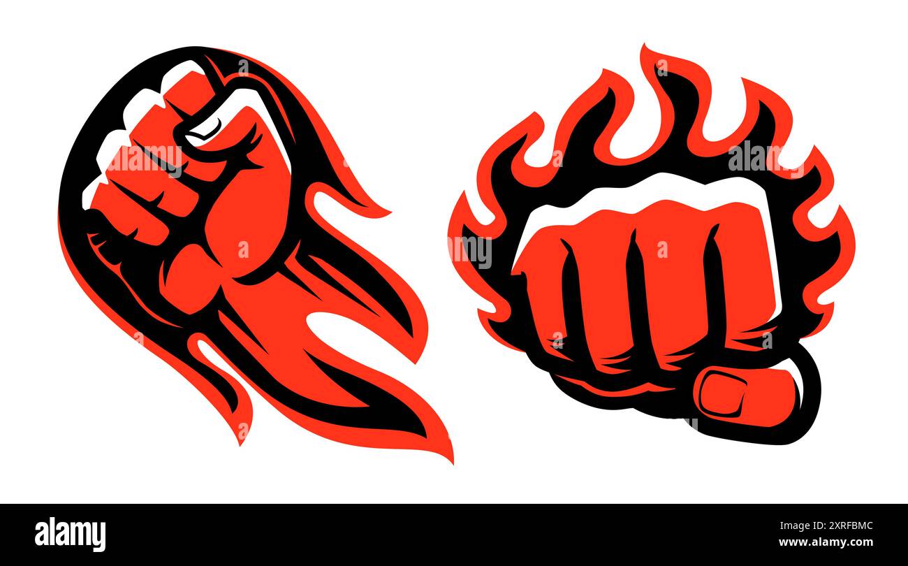 Fist of fire power. Strong punch emblem or logo. Hand drawn vector ...