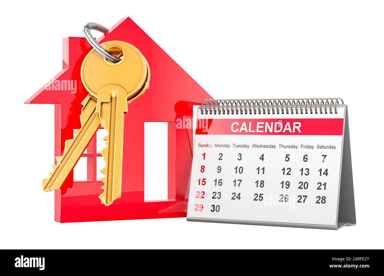 Home key with keychain with desk calendar, 3D rendering isolated on ...