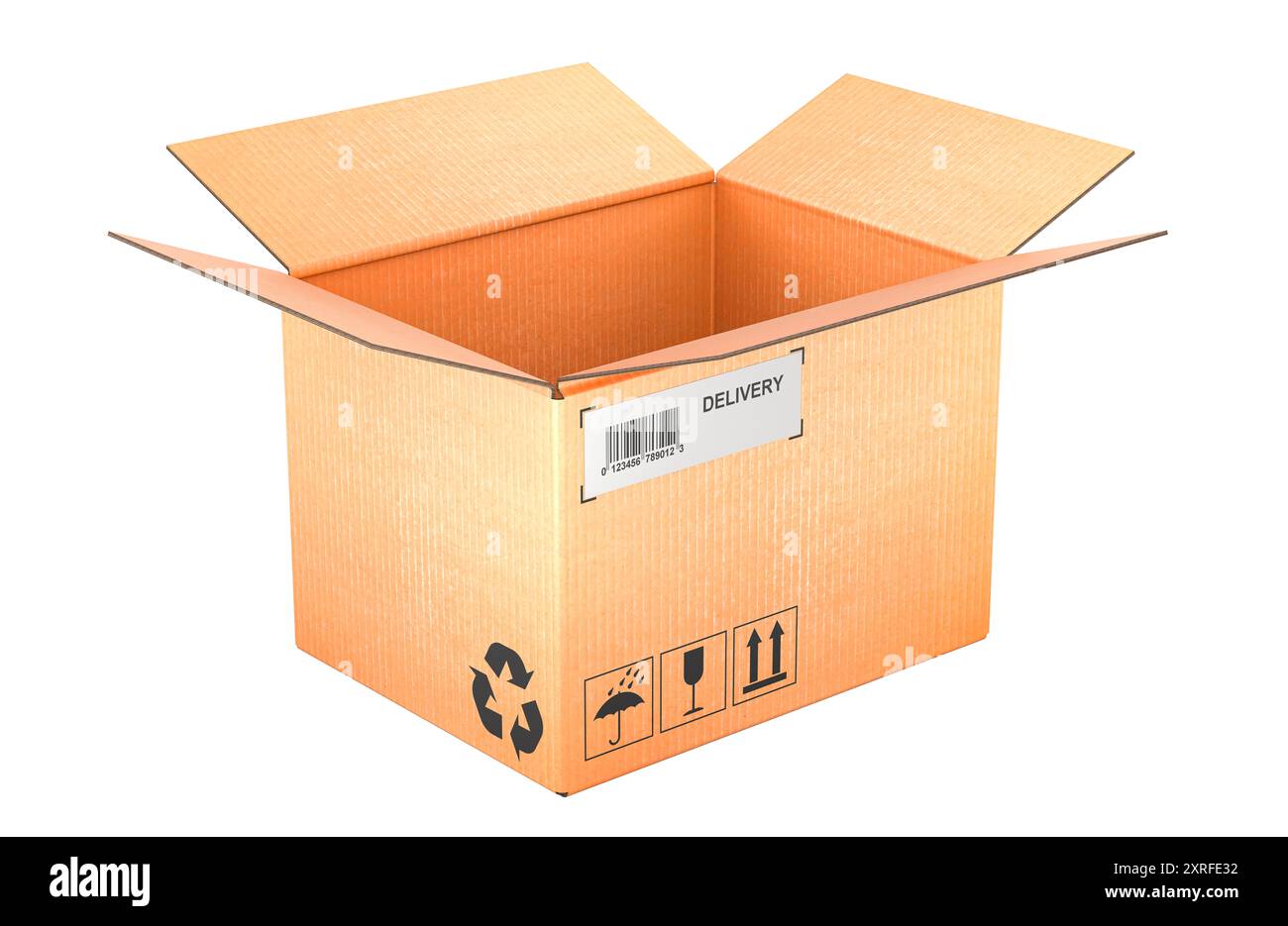 Opened Empty Parcel, cardboard box. 3D rendering isolated on white ...