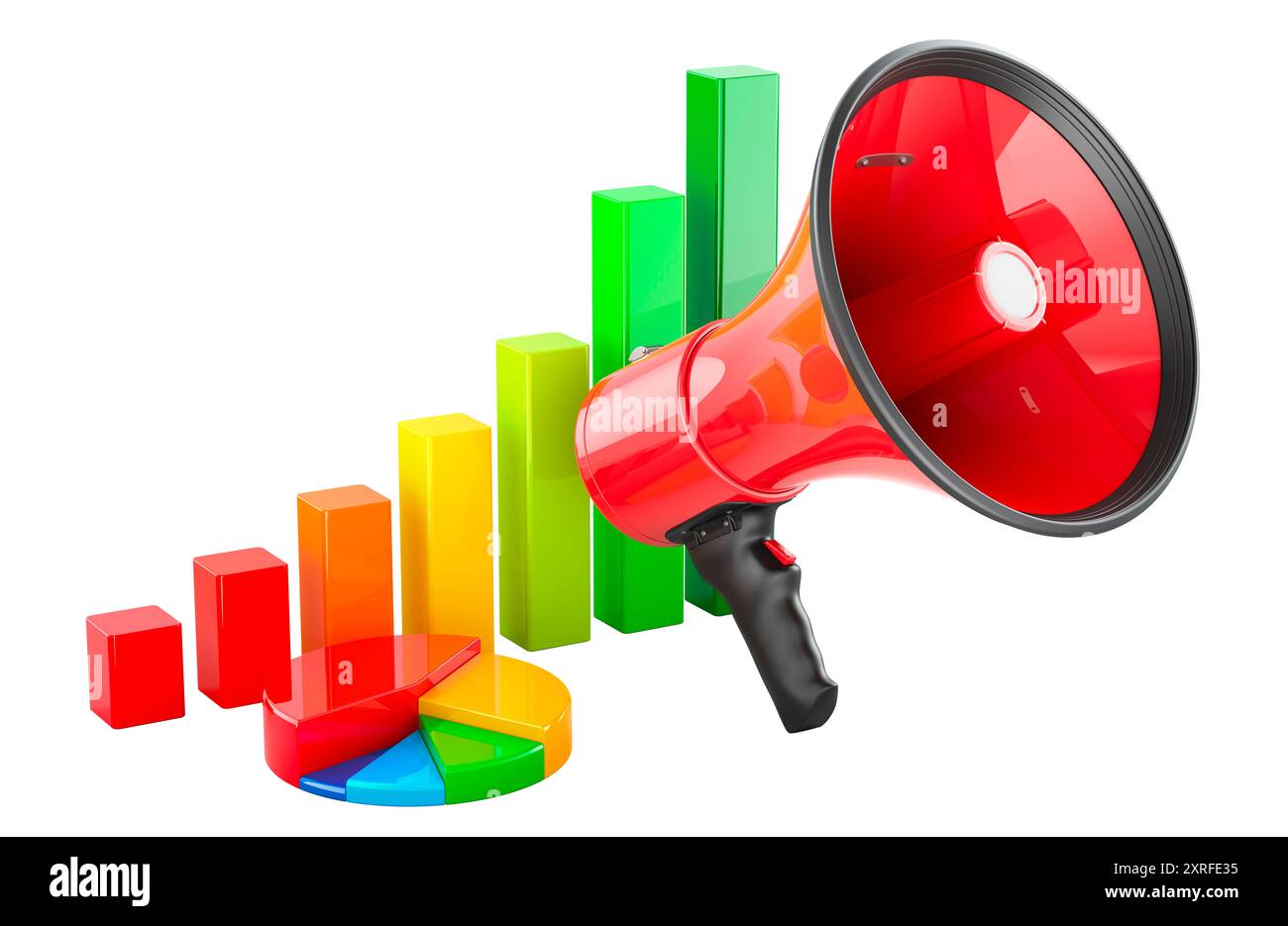 Megaphone with growth bar graph and pie chart, 3D rendering isolated on ...