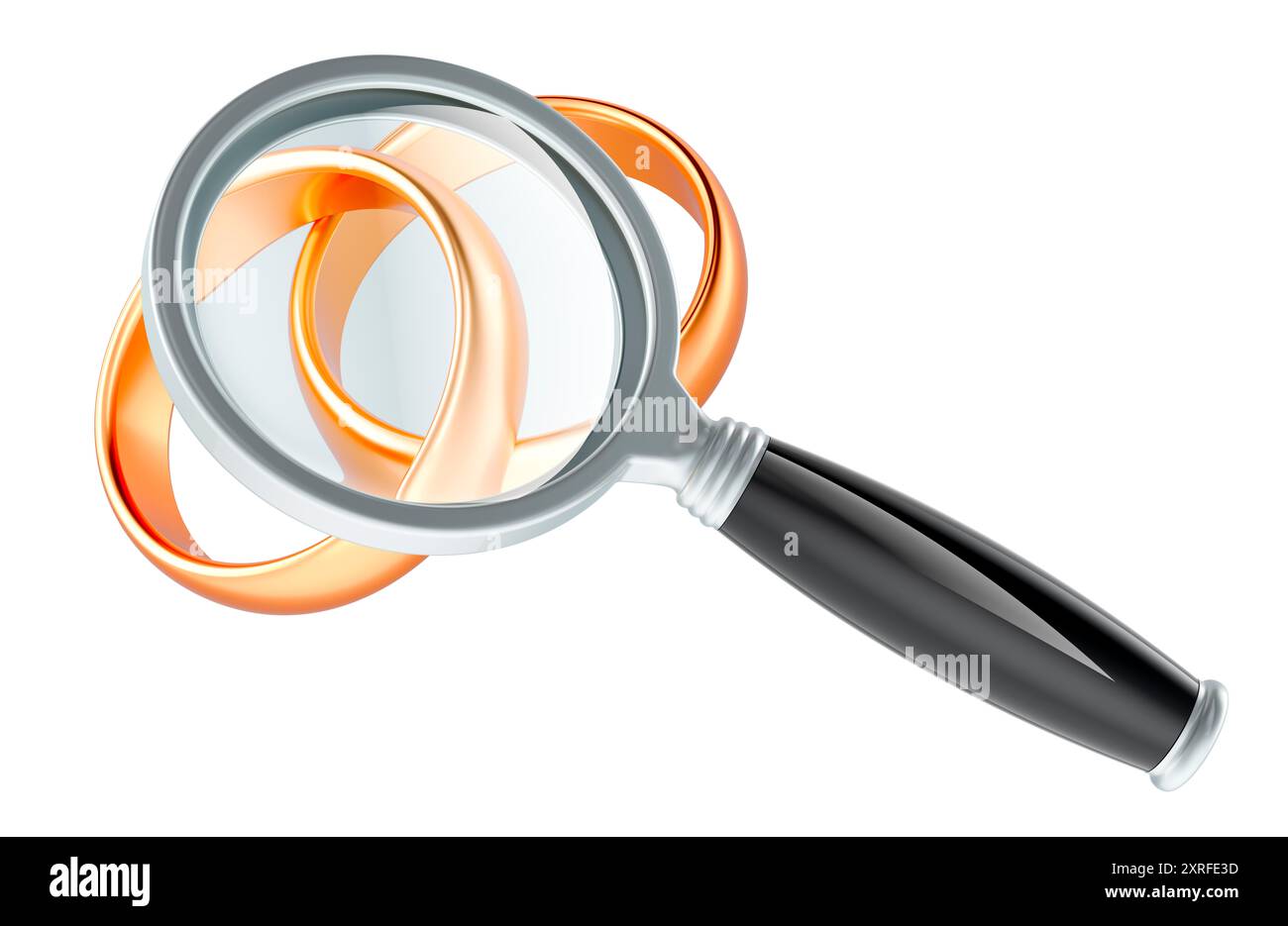 Golden wedding rings with loupe, magnifying glass. 3D rendering ...