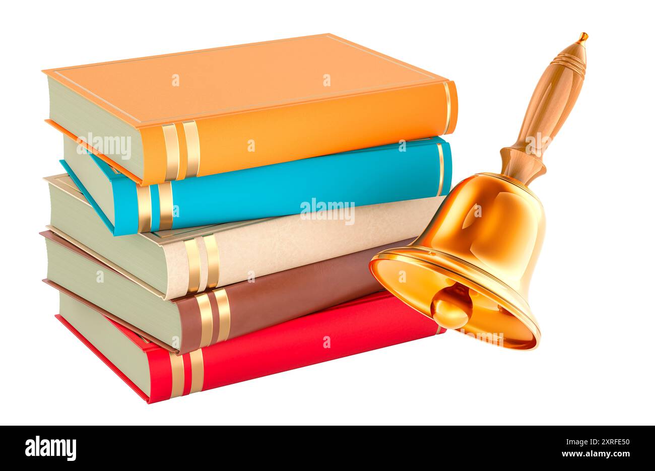 Stack of books with Hand Bell. Back to School, concept. 3D rendering ...