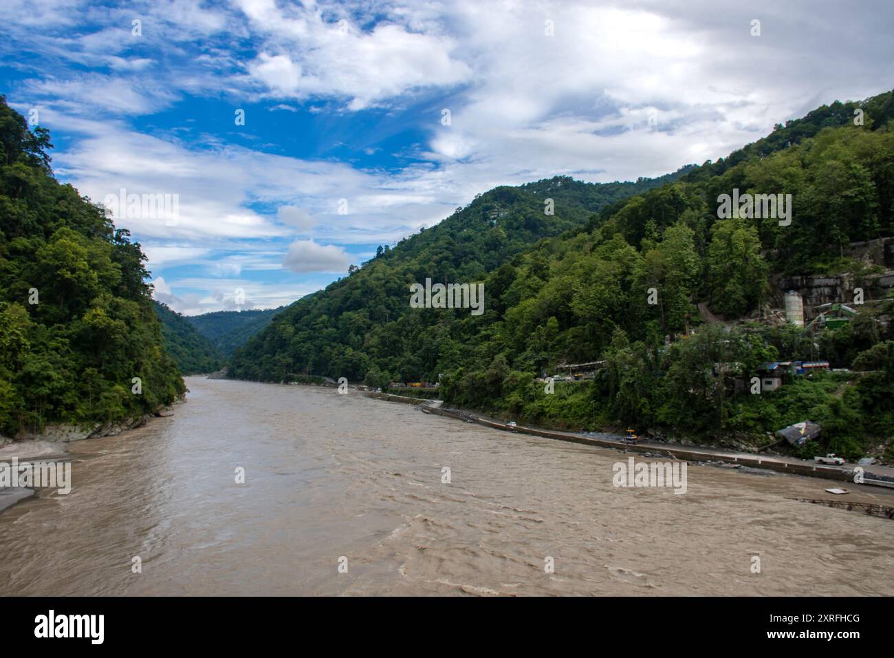 Aerial view of River Tista, The Teesta River originates in the ...
