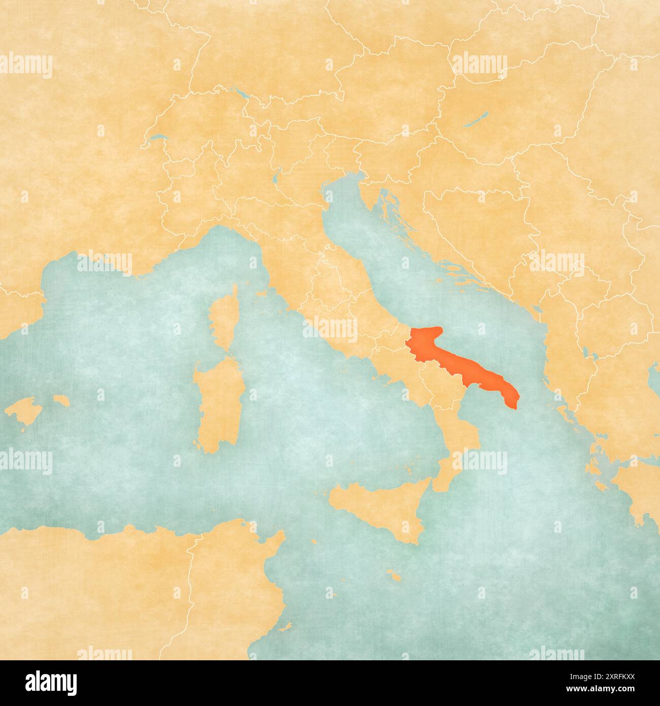 Apulia on the map of Italy in soft grunge and vintage style, like old ...