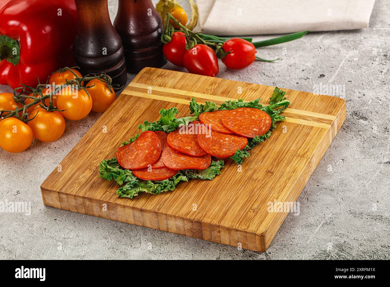 Spanish salami cured chorizo sausage slices Stock Photo - Alamy