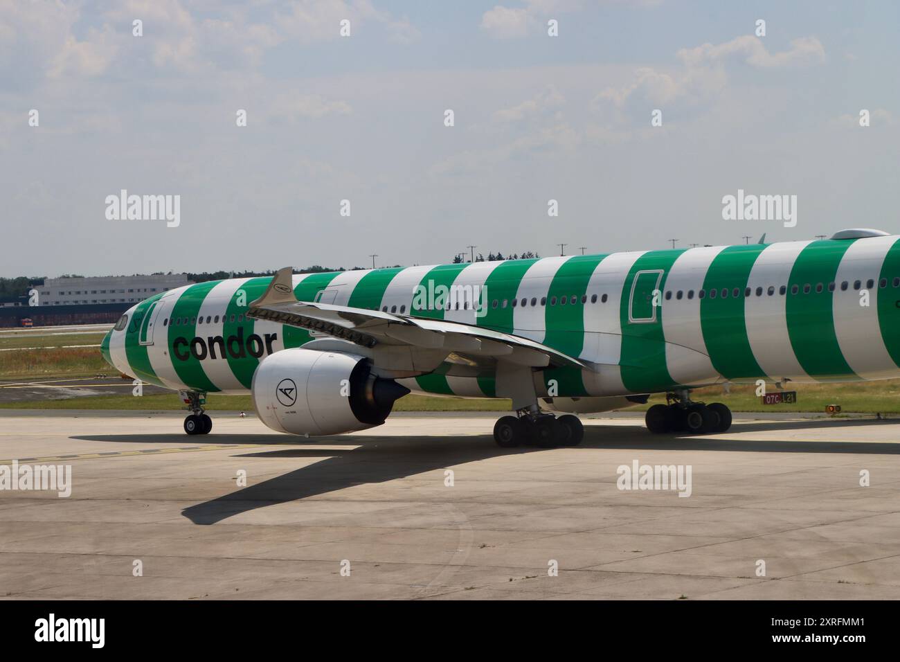 Colorfully striped Condor airlines jet plane at Frankfurt airport in ...
