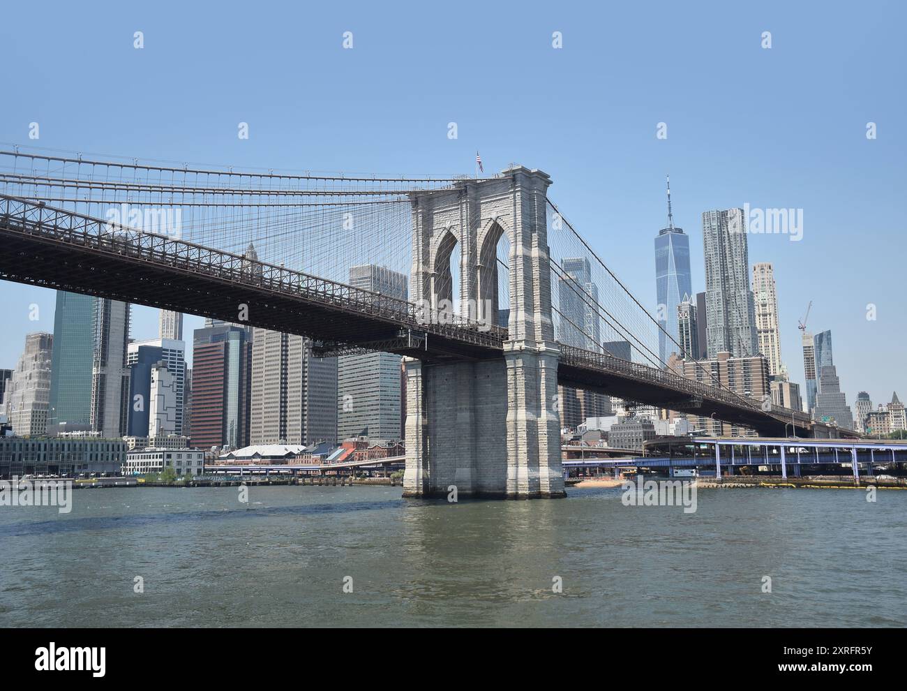 Famous Brooklyn Bridge View From Ferry Over River Hudson In New York