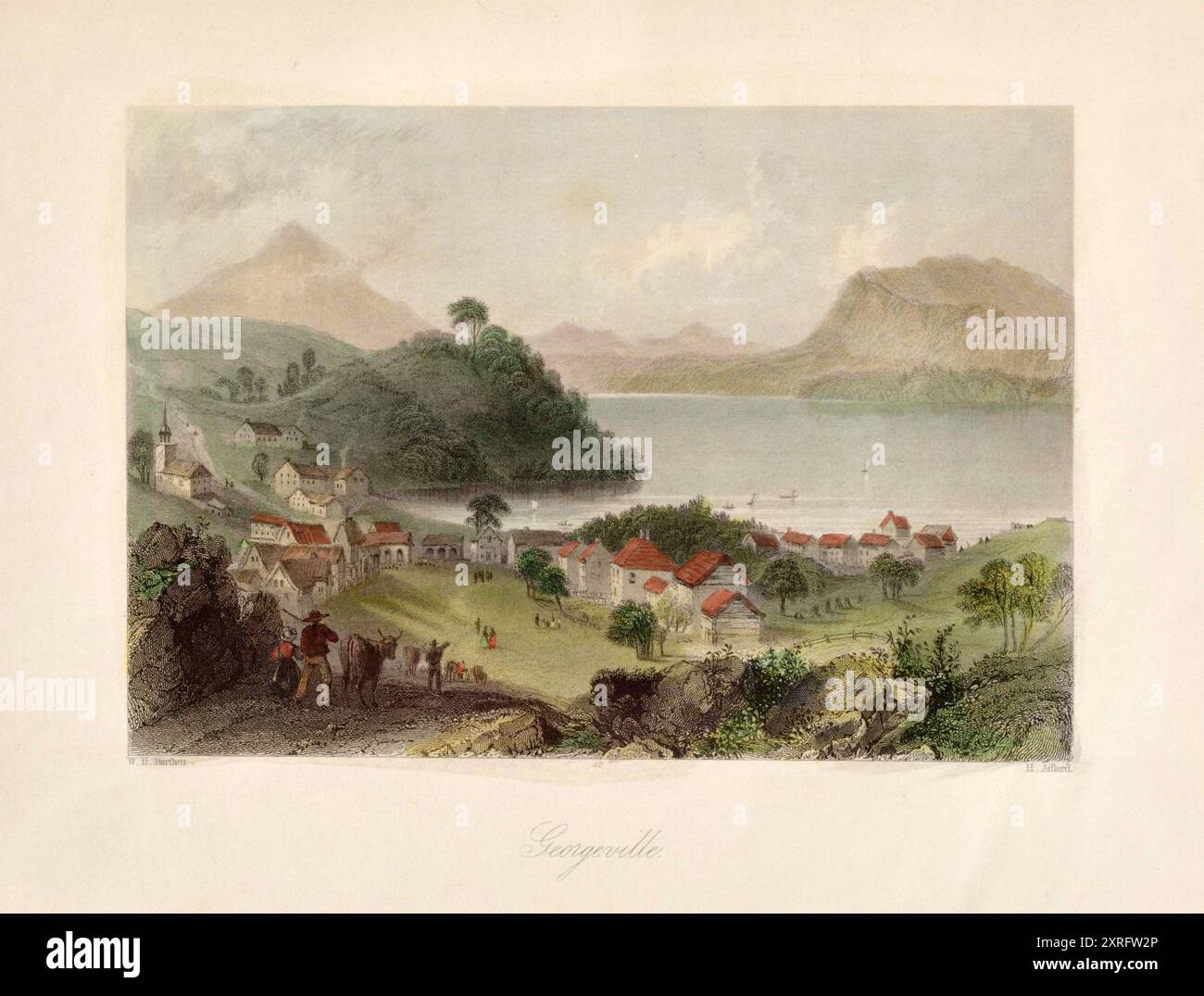 The town of Georgeville, Canada. Colonial settlement in Quebec. Vintage ...