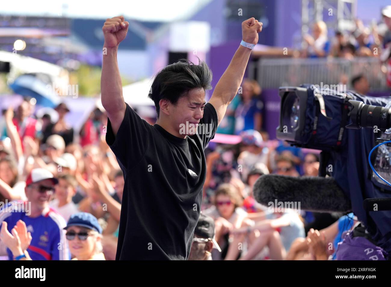 Japan's Hiroto Ono, known as B-Boy Hiro10, reacts after competing during the B-Boys round robin ...