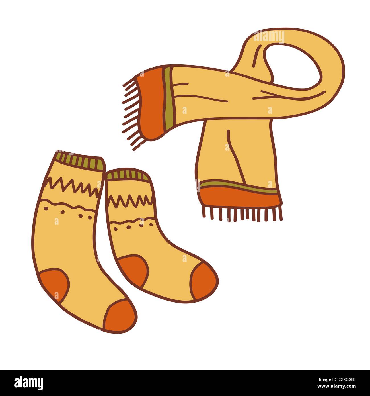 Warm yellow scarf and socks designed for cozy winter wear on a simple ...