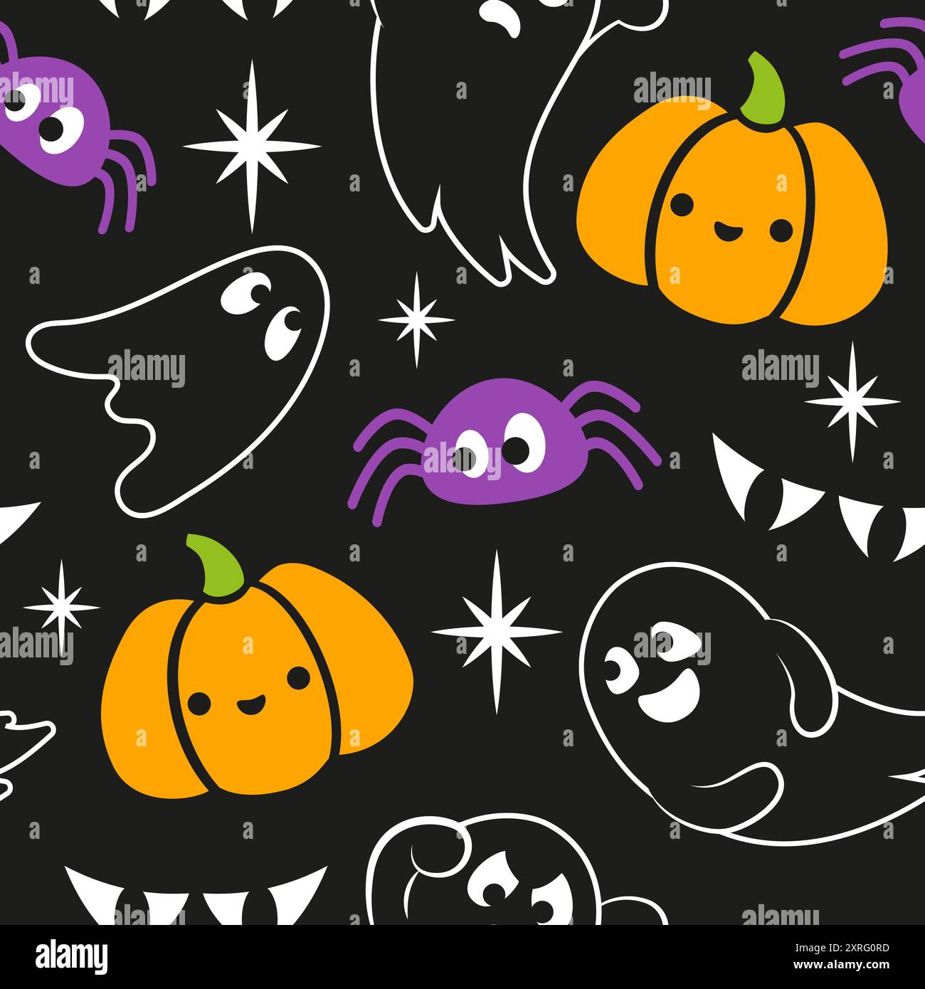 Halloween seamless pattern with cute little ghosts, pumpkins and ...