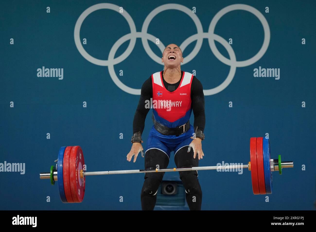 Solfrid Eila Amena Koanda of Norway reacts during the women's 81kg ...