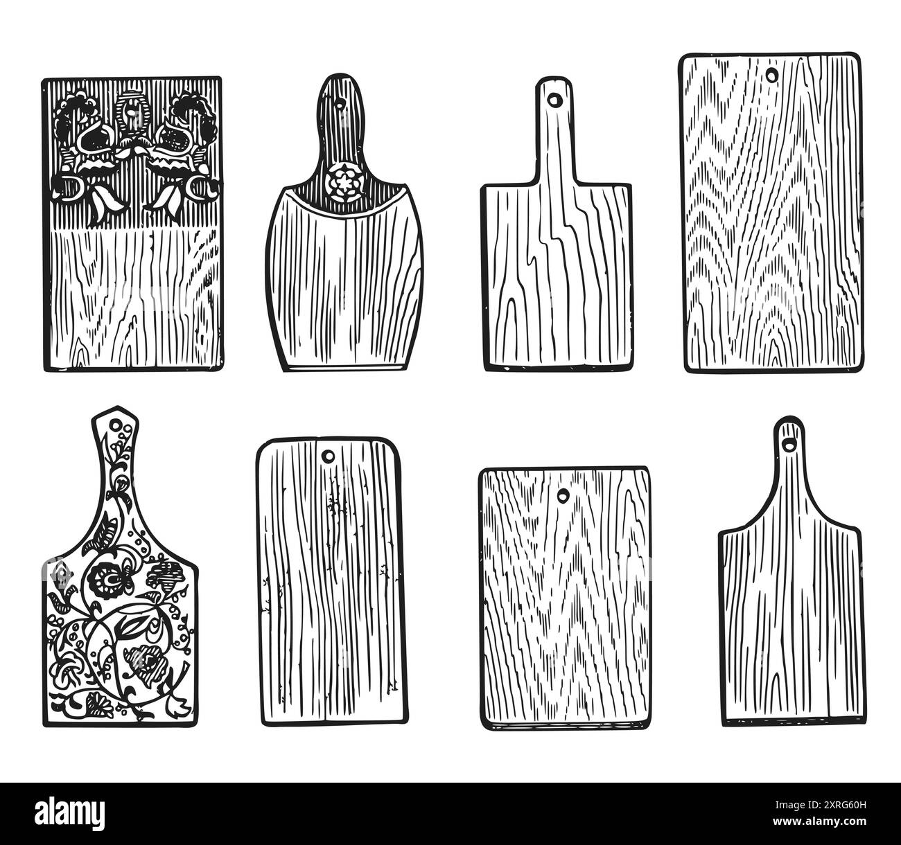 Set of hand drawn vintage wooden kitchen cutting boards. Engraved style ...