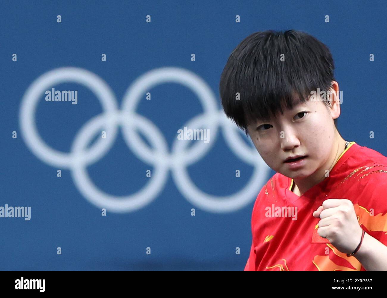 Paris, France. 10th Aug, 2024. Sun Yingsha of China reacts while competing against Hirano Miu of ...