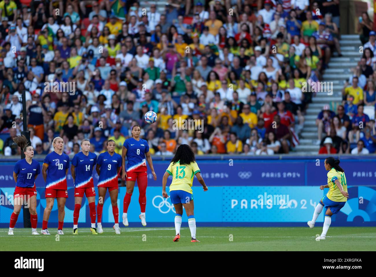 Brazil's Marta takes a free kick during the women's soccer gold medal ...