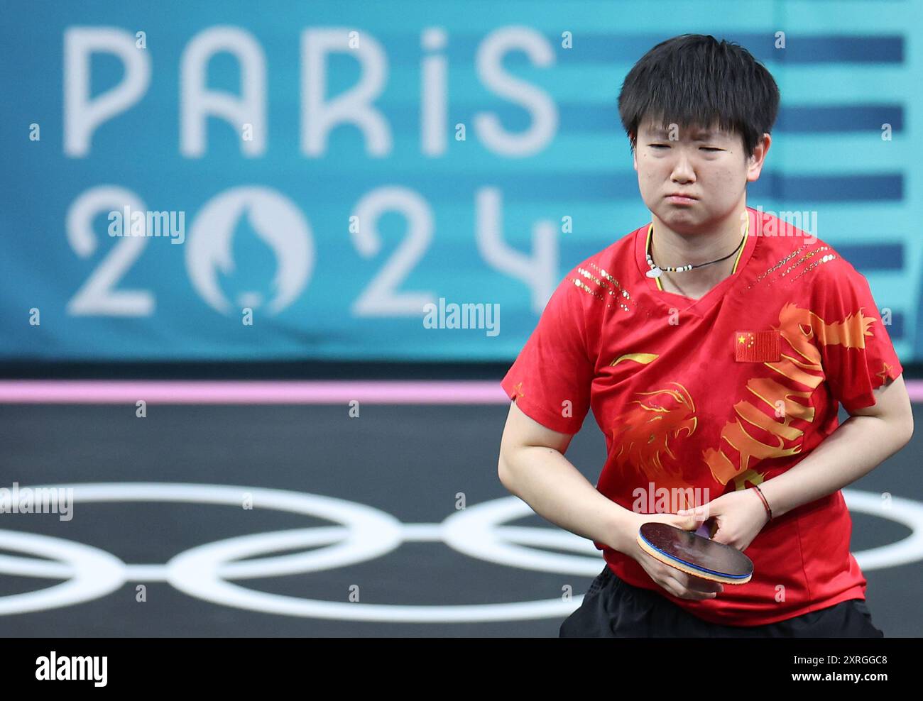 Paris, France. 10th Aug, 2024. Sun Yingsha of China reacts while competing against Hirano Miu of ...