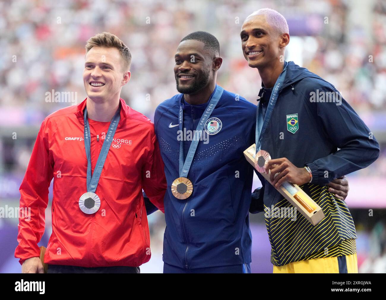 Paris, France. 10th Aug, 2024. Men's 400m hurdles gold medalist Rai Benjamin of the U.S. (C ...