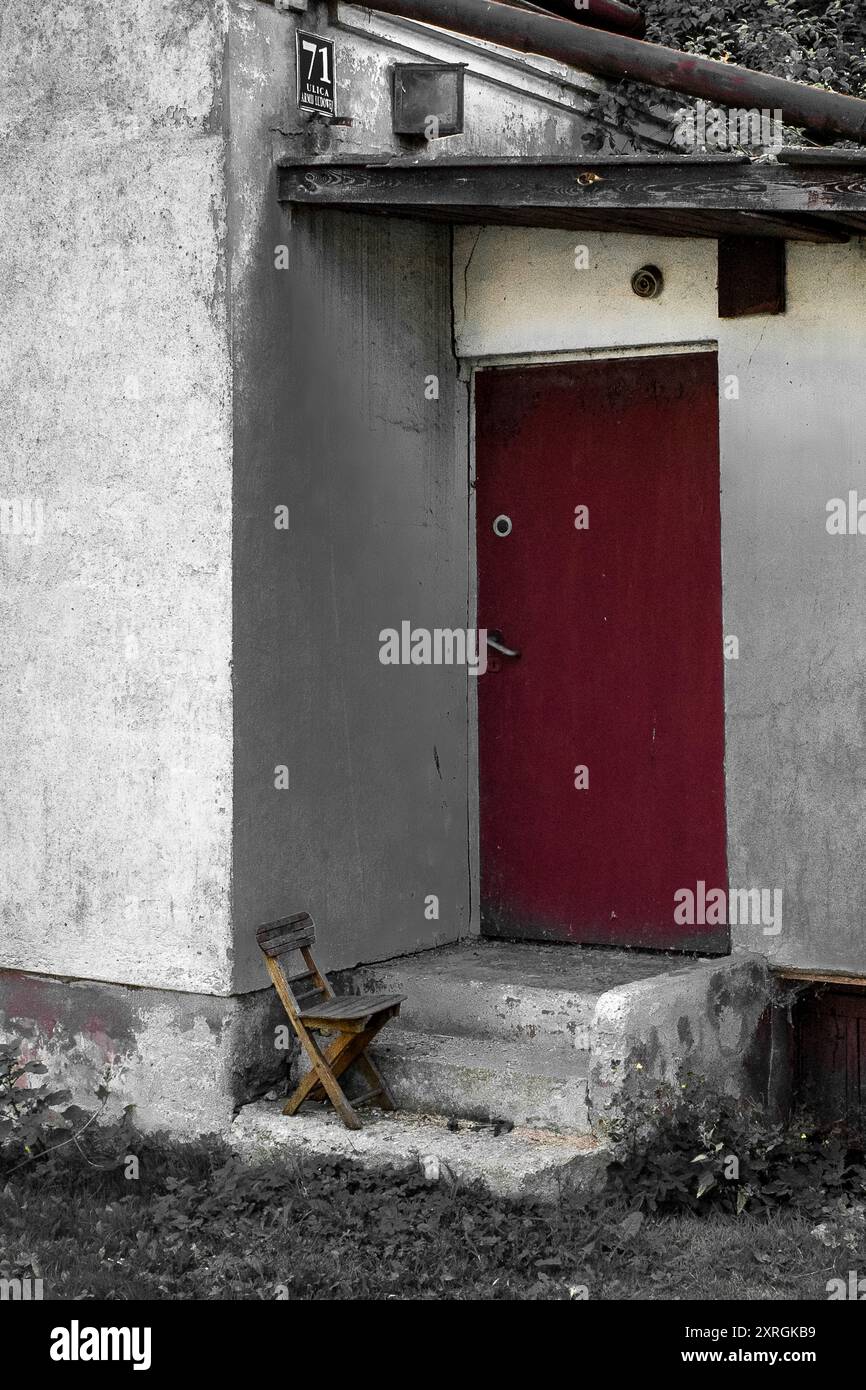 Forgotten child's wooden chair outside an abandoned house in Opoczno ...