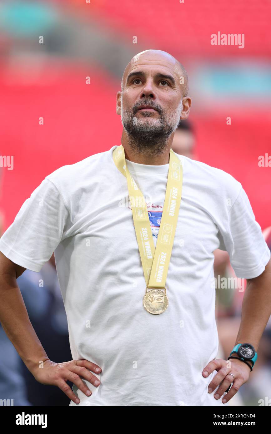 London, UK. 10th Aug, 2024. Pep Guardiola (Man City manager) at the FA ...