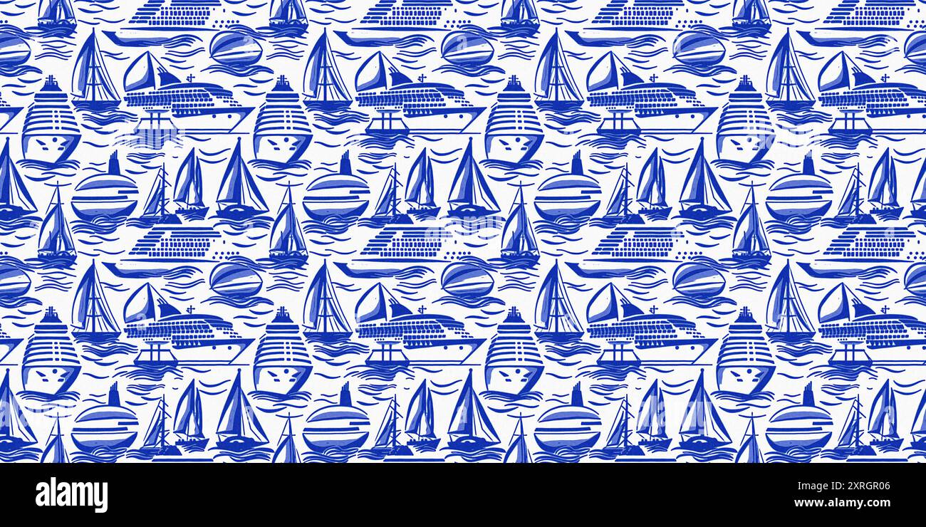 Coastal sail boat in azure ocean blue seamless border background ...