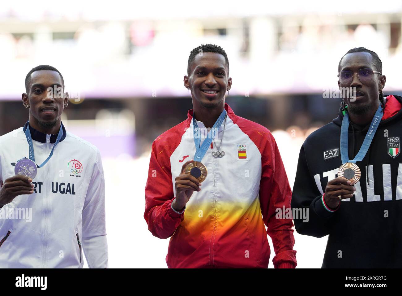 Parigi, Italia. 10th Aug, 2024. Men's triple jump gold medalist, Jordan Alejandro Diaz Fortun ...