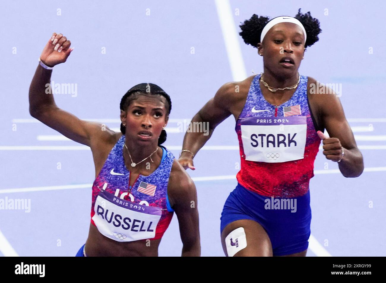 Masai Russell, of the United States, celebrates after winning the women ...