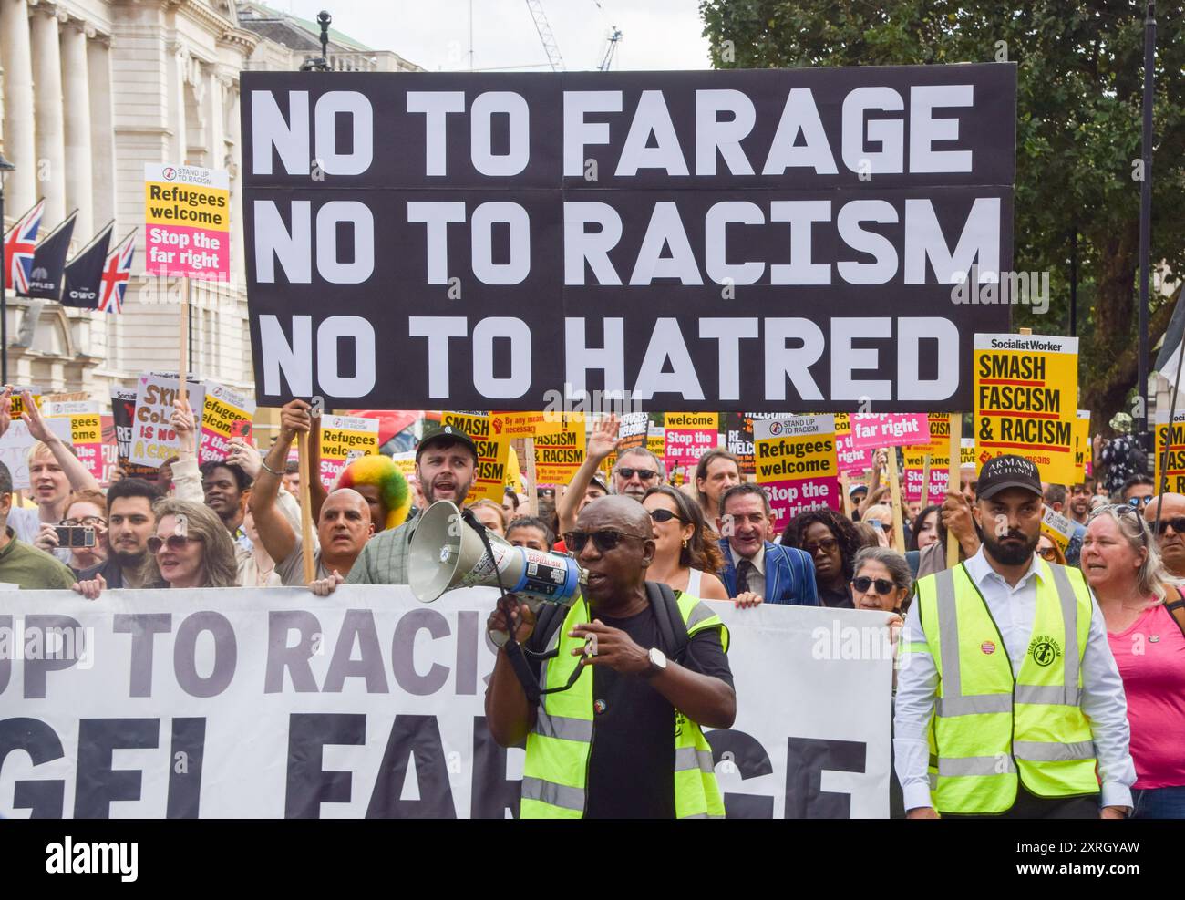 London, UK. 10th August 2024. Protesters march in Westminster against ...