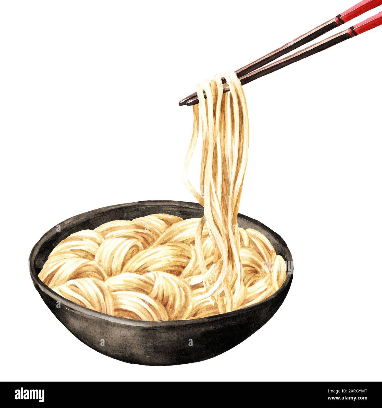 Noodles in the bowl and with Wooden Chopsticks. Hand drawn watercolor ...