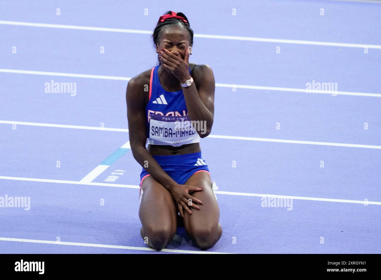 Cyrena Samba-Mayela, of France, celebrates after second place in the ...