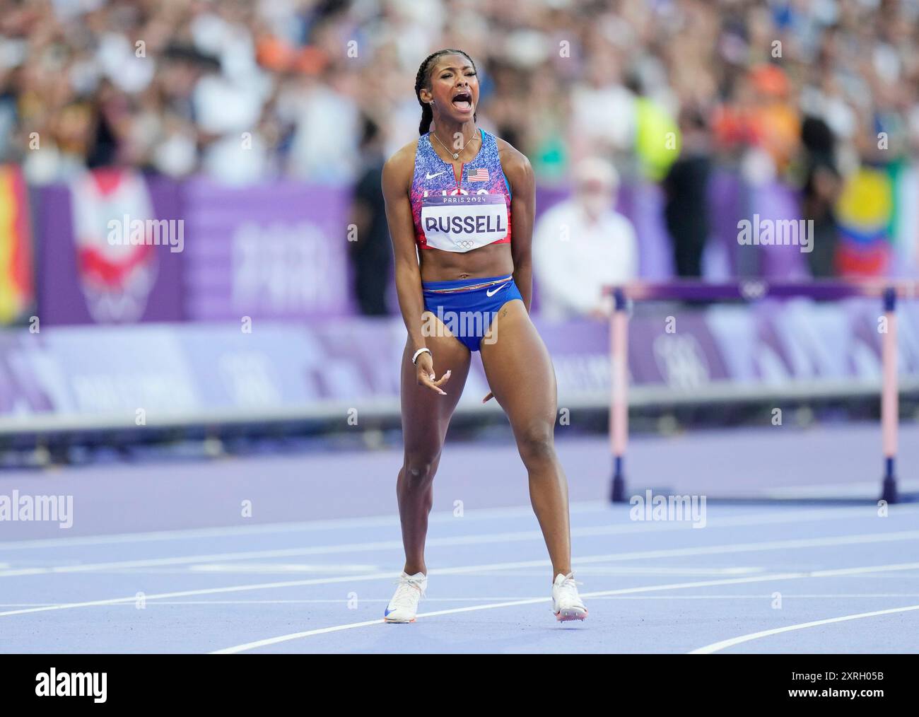 Paris, France. 10th Aug, 2024. Masai Russell of the U.S. celebrates ...