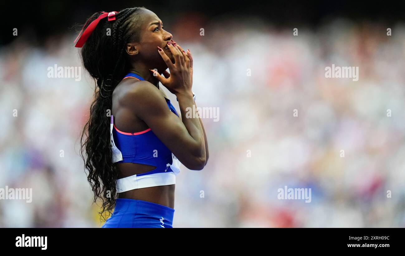 Cyrena Samba-Mayela, of France, reacts after second place in the women ...