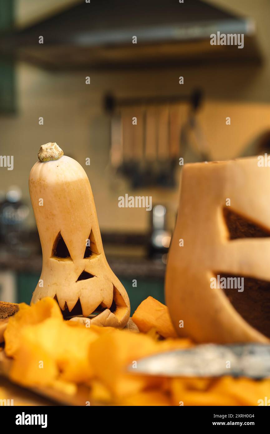 Close-up of carved pumpkins, out of focus background, crafts to prepare ...