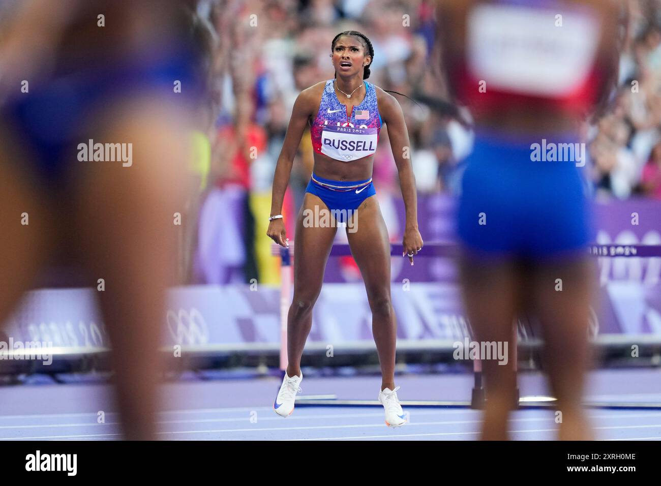 Masai Russell Of The United States Reacts After Winning The Gold