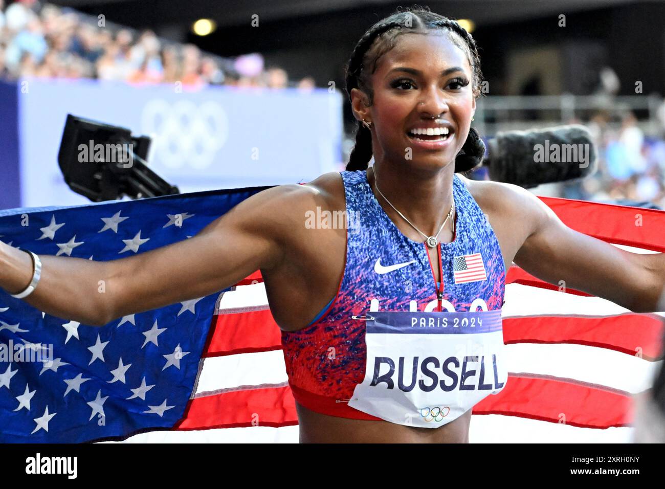 Paris, France. 10th Aug, 2024. Masai Russell of USA celebrates after ...