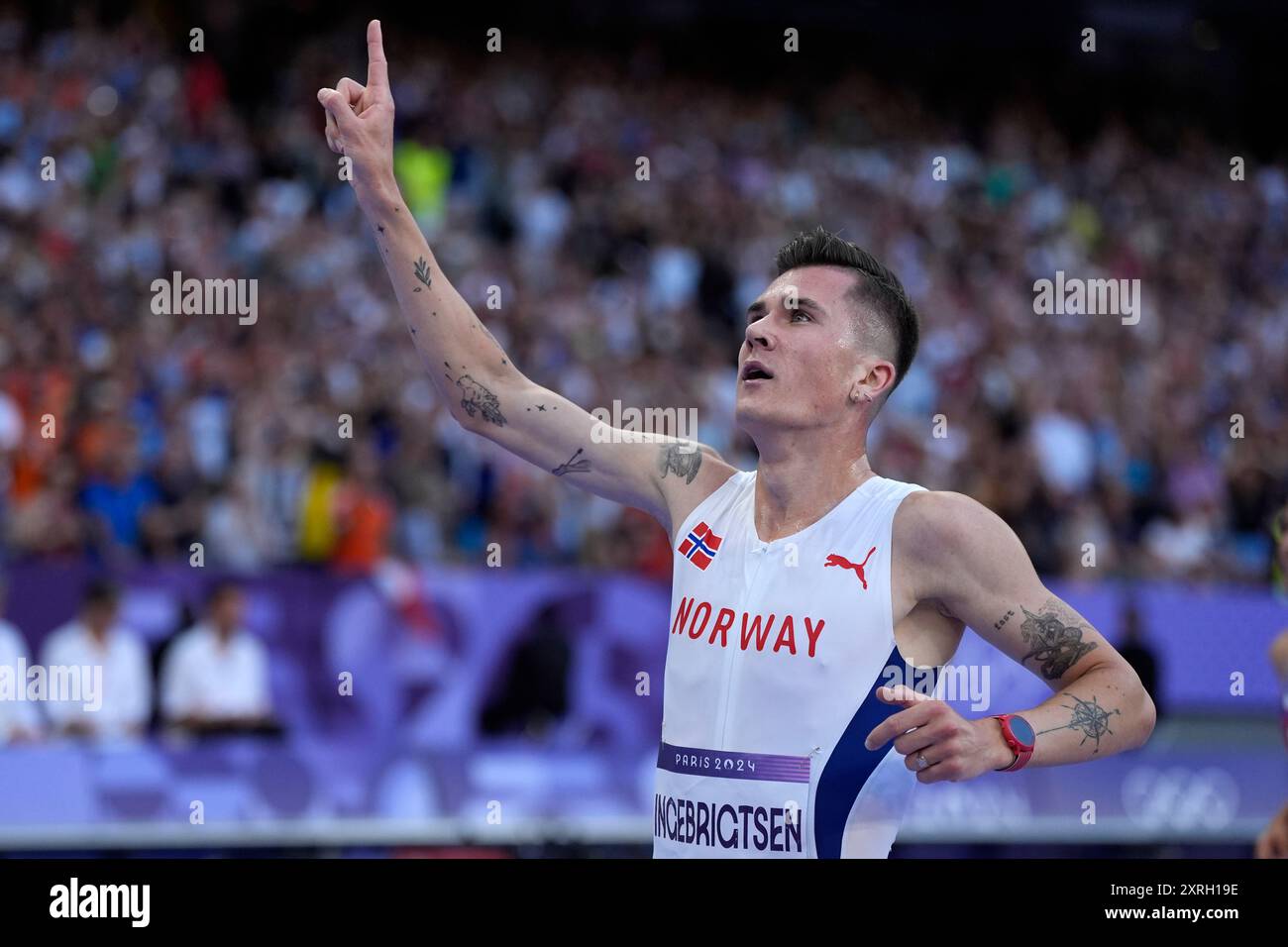 Jakob Ingebrigtsen, of Norway, celebrates winning the men's 5000-meter ...