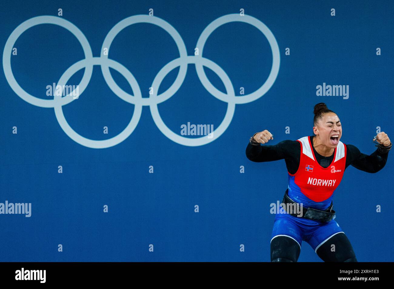 Paris, France 20240810. Solfrid Koanda celebrates after weightlifting ...