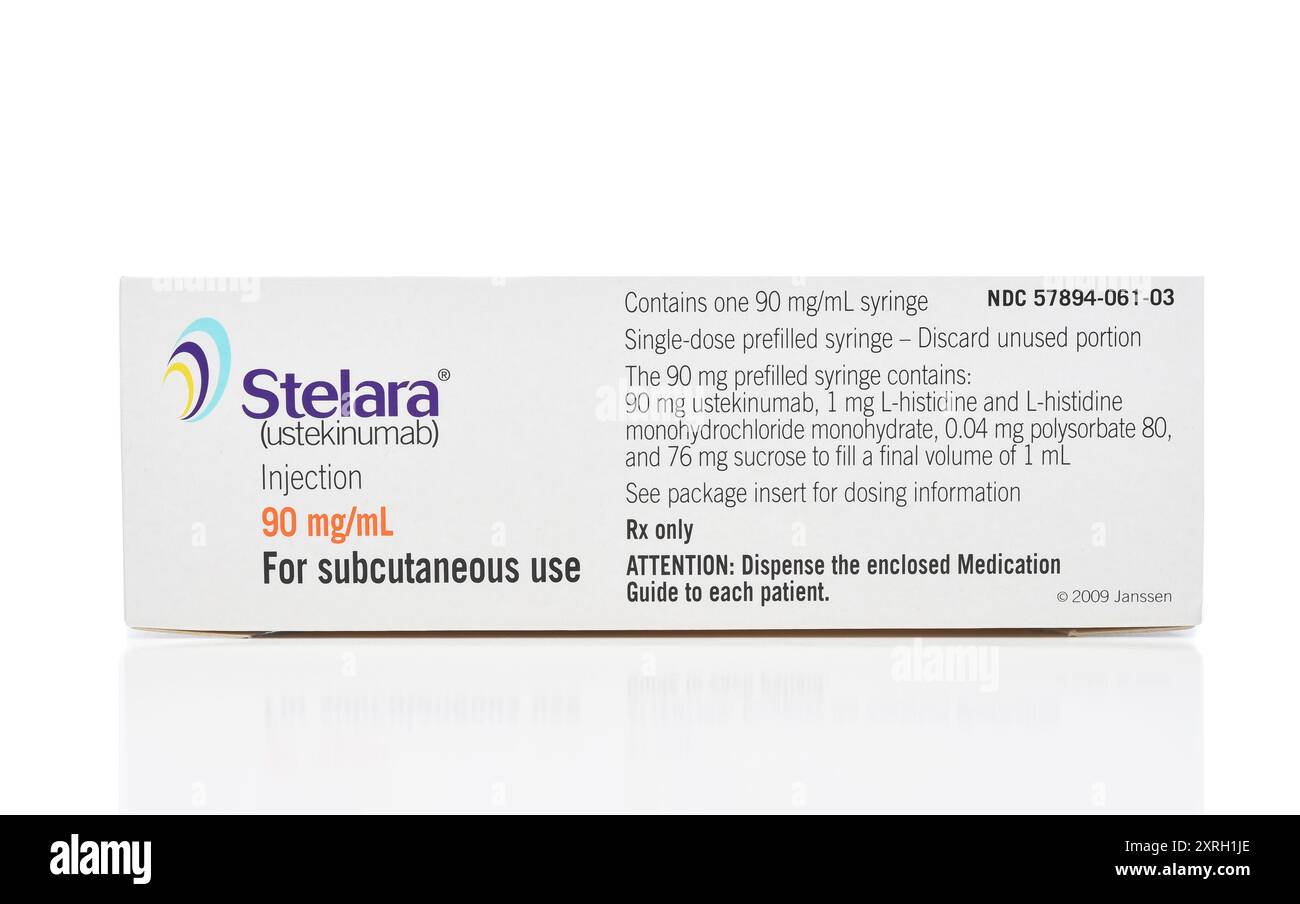 IRVINE, CALIFORNIA - 8 AUG 2024: Stelara Injection, a single dose prefilled syringe for ...