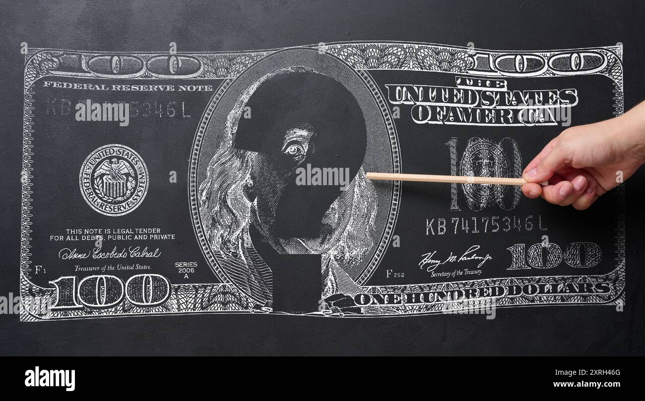 A chalk drawing of a US hundred dollar bill and a hand holding a pencil ...