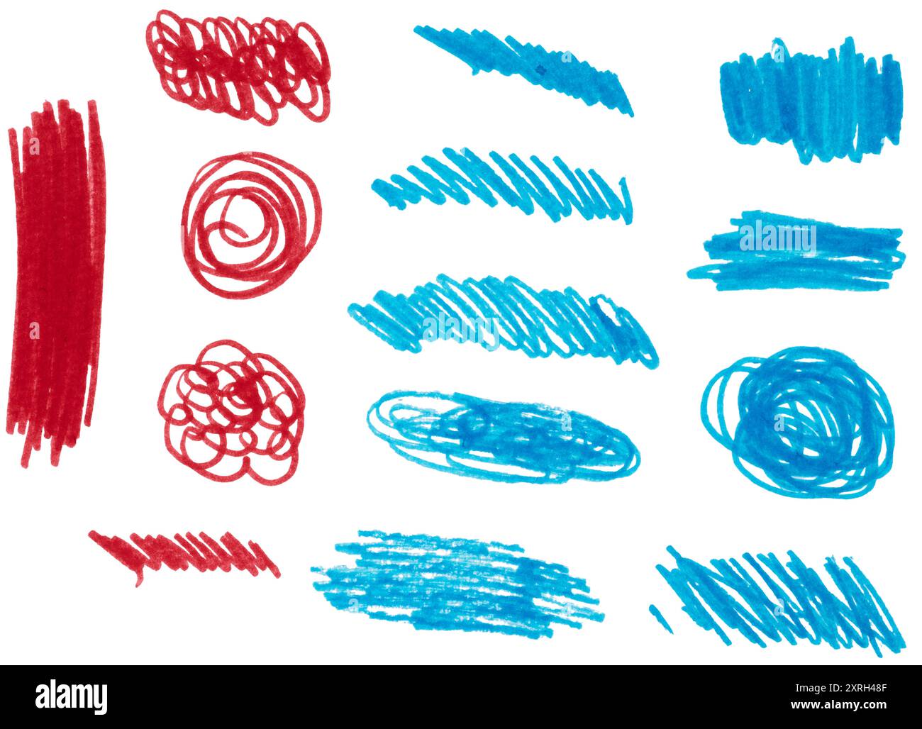 Various scribbles and strokes made with red and blue marker on isolated ...