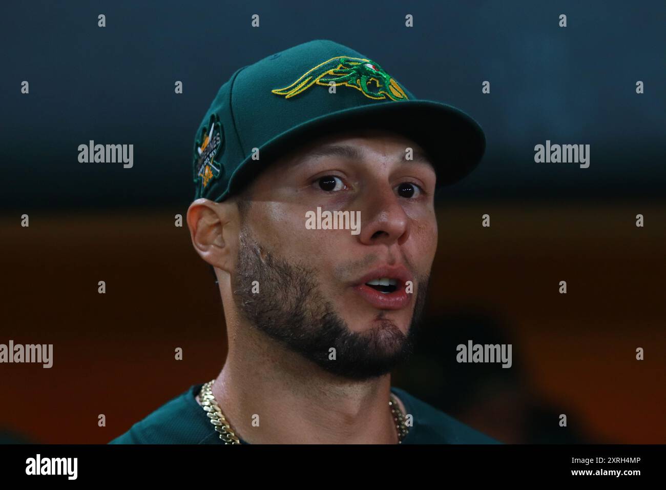 Danny Ortiz #77 of Pericos de Puebla reacts during the Diablos Rojos ...