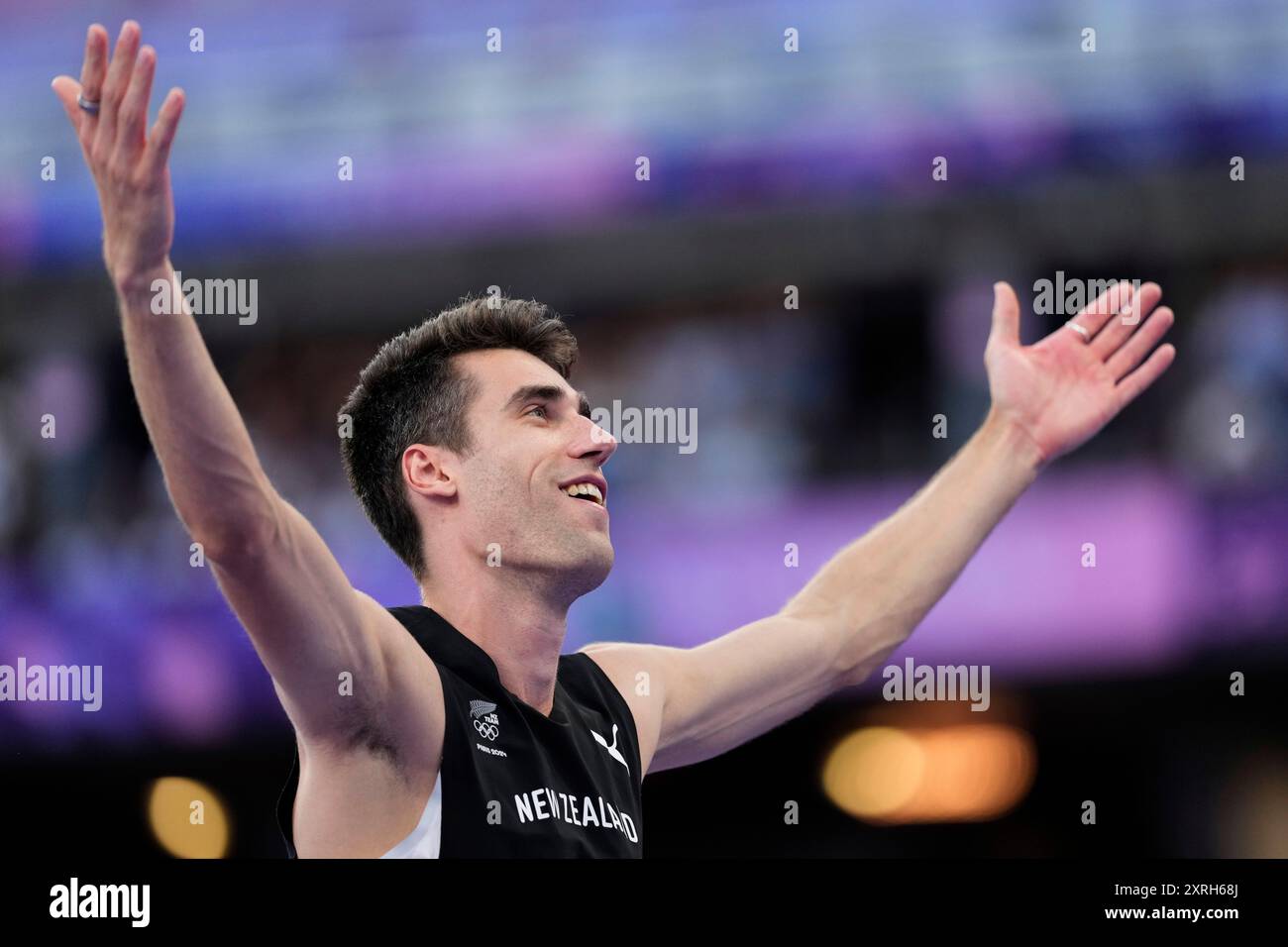 Hamish Kerr, of New Zealand, gestures in the men's high jump final at the 2024 Summer Olympics ...