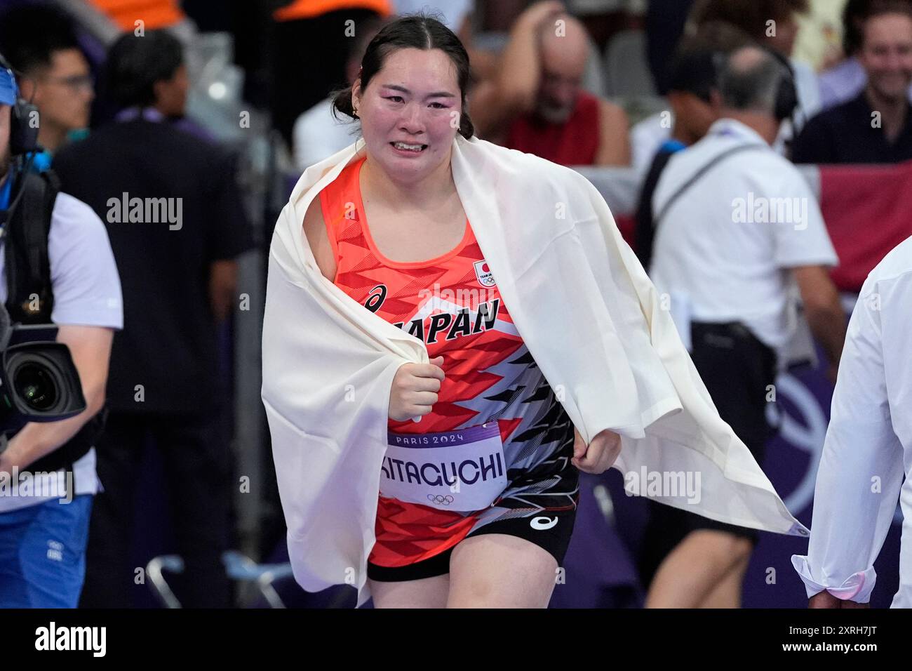 Haruka Kitaguchi, of Japan, reacts to winning the women's javelin throw final at the 2024 Summer ...